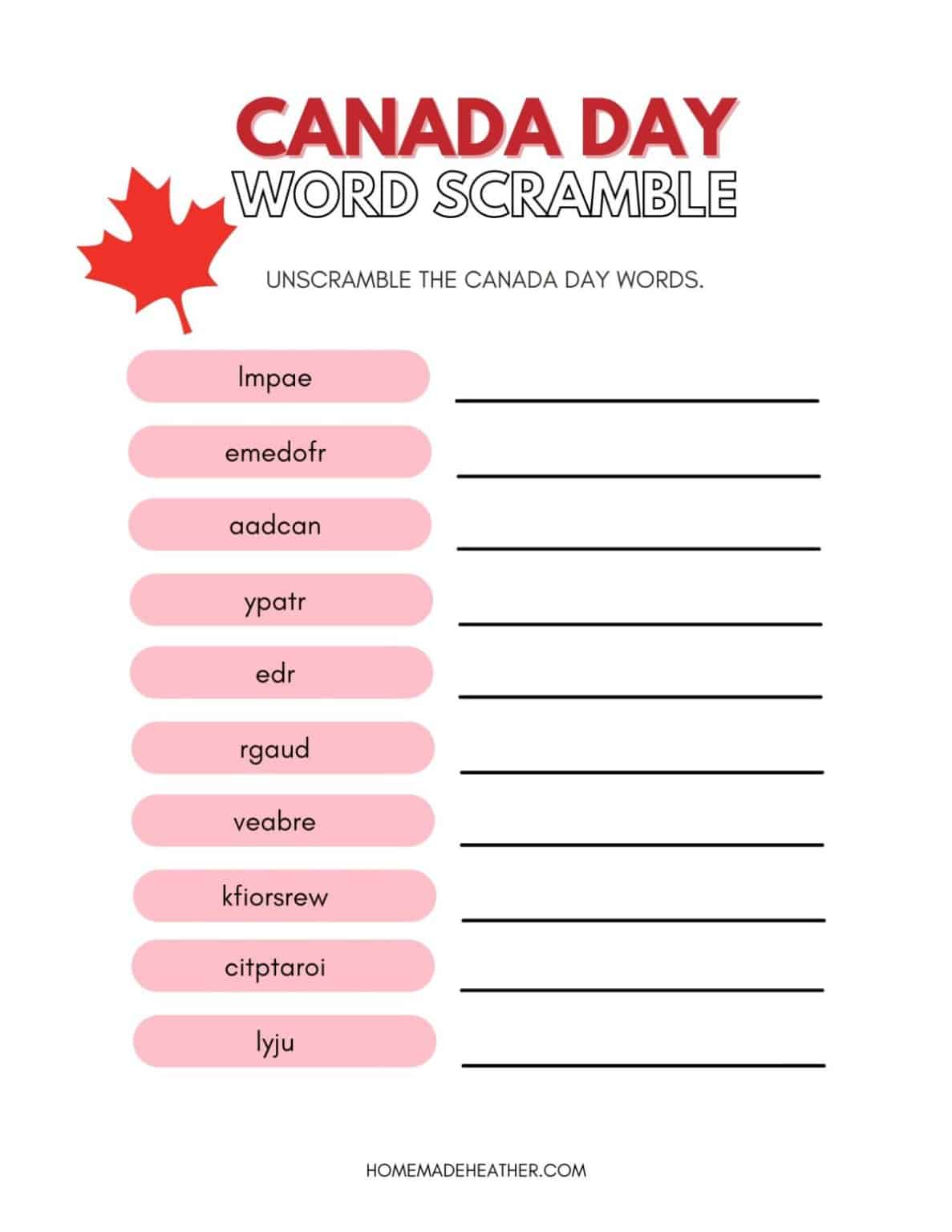 Canada Day Word Scramble Printable » Homemade Heather