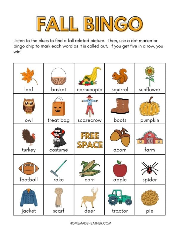 Free Fall Bingo Printables » Homemade Heather